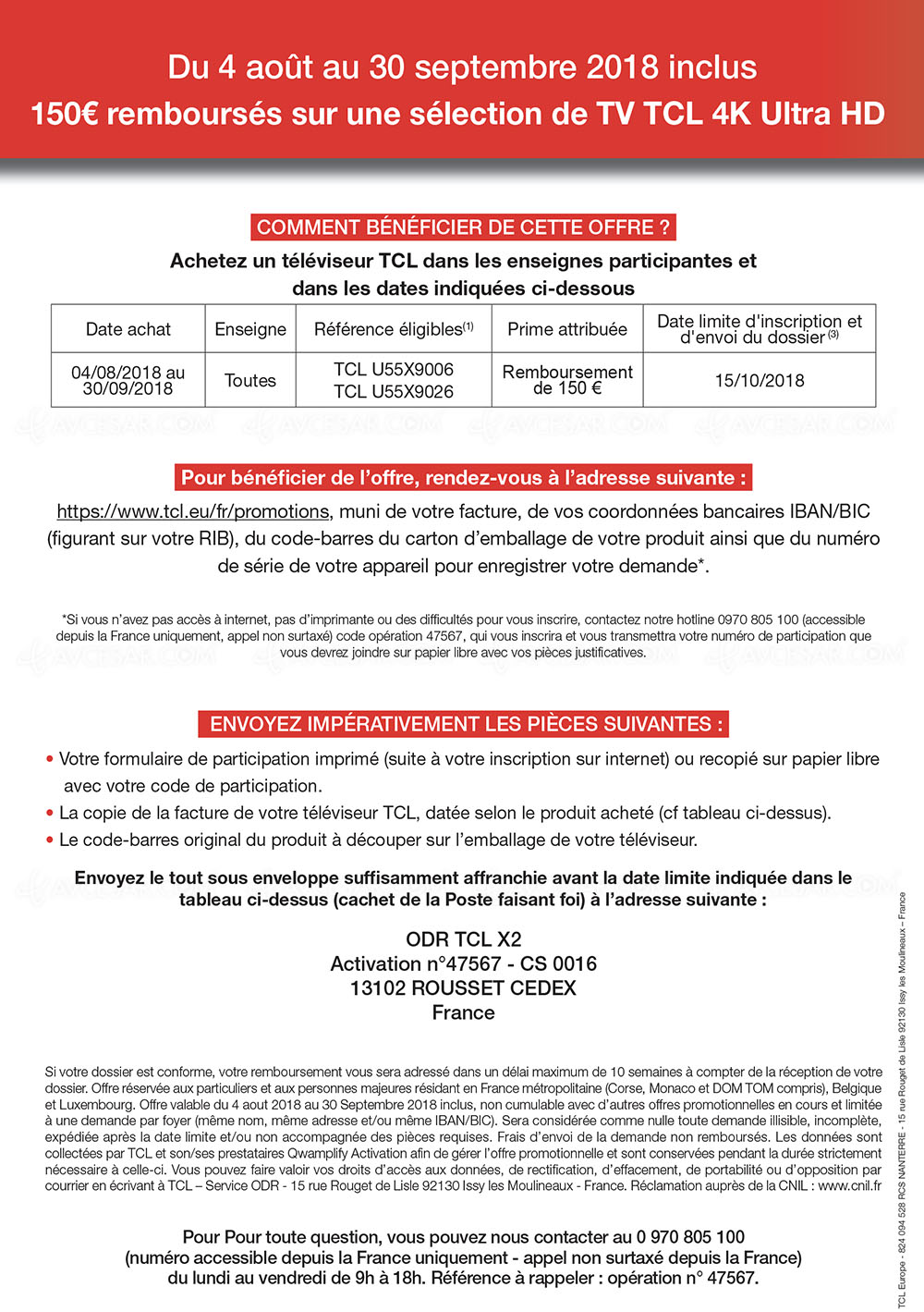 Offre de remboursement TV QLED Ultra HD TCL X2, 150 € remboursés